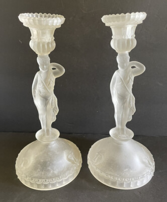 2 Vintage Figural Frosted & Clear Glass 10" Candle Sticks Maiden ...