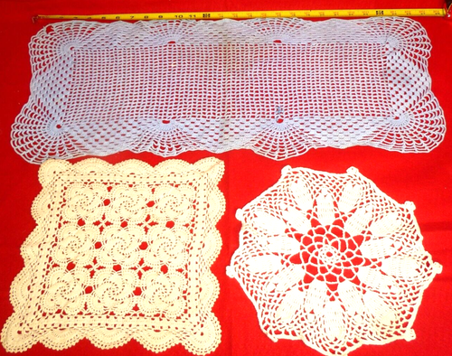 Lot of 3 Vtg Crocheted Doilies Handmade Blue table runner 27" + square ...
