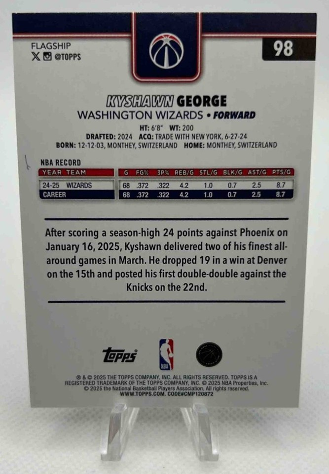 2025-26 Topps Basketball Kyshawn George Rainbow Foil #98 Washington ...