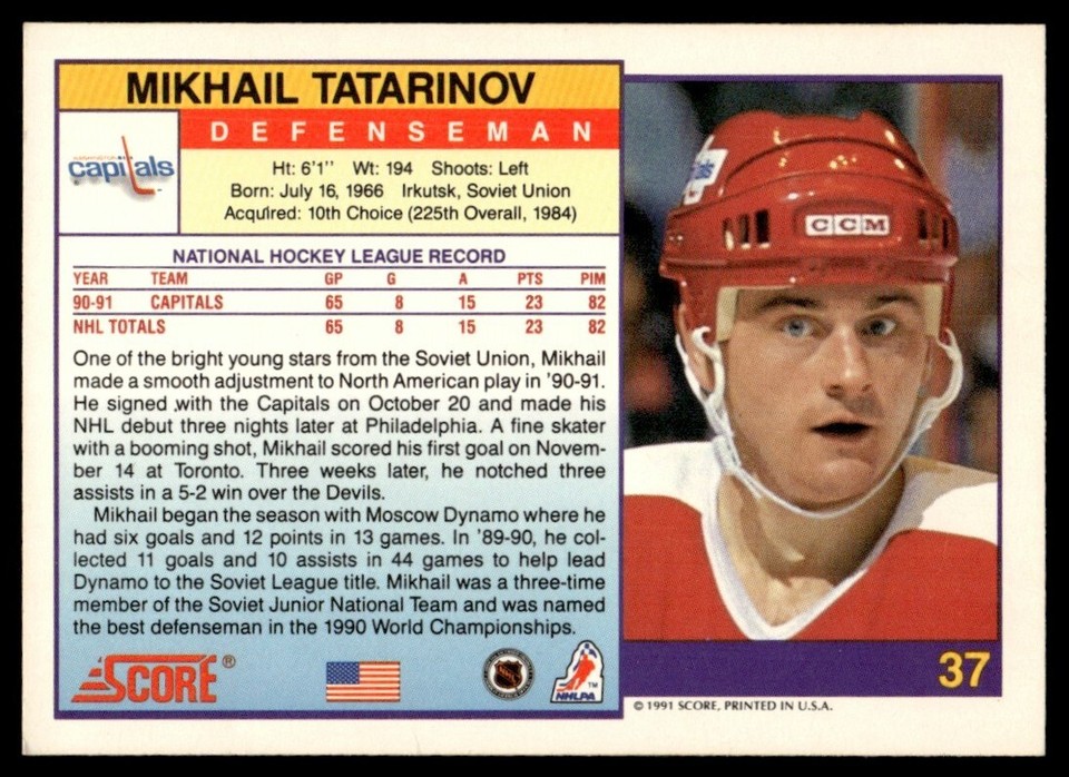 1991-92 Score American #37 Mikhail Tatarinov Washington Capitals | eBay