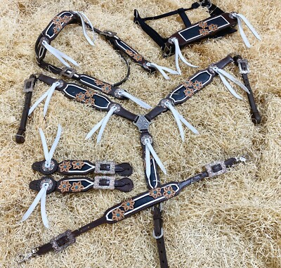 Leather Western Headstall Set for Horse Decorated Flower Carving White ...