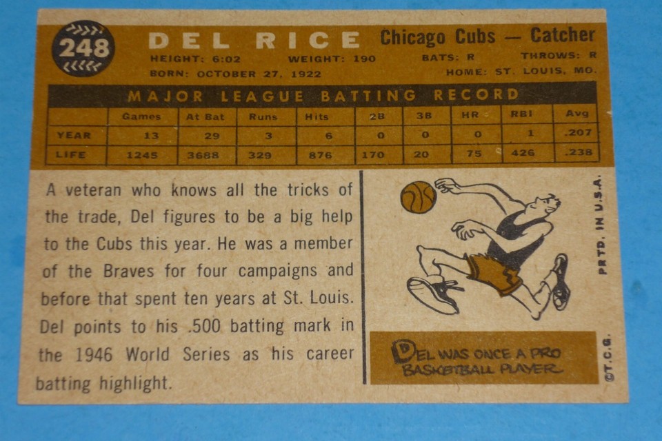 DEL RICE - CHICAGO CUBS CATCHER - 1960 TOPPS BASEBALL CARD #248 | eBay