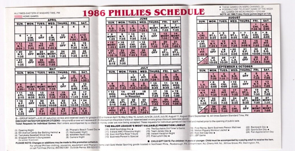 Philadelphia Phillies 1986 ML Baseball WKBO TV Dates Schedule | eBay