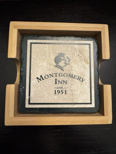 Montgomery Inn BBQ Cincinnati Stone Coasters Set Of 3 In Bamboo Holder ...