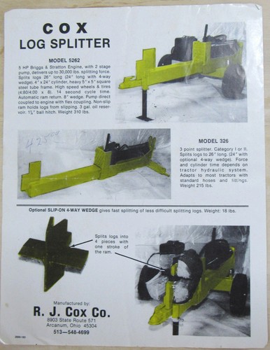c1983 R J Cox Log Splitter Arcanum OH 5262 Advertising Cut Sheet Wood ...