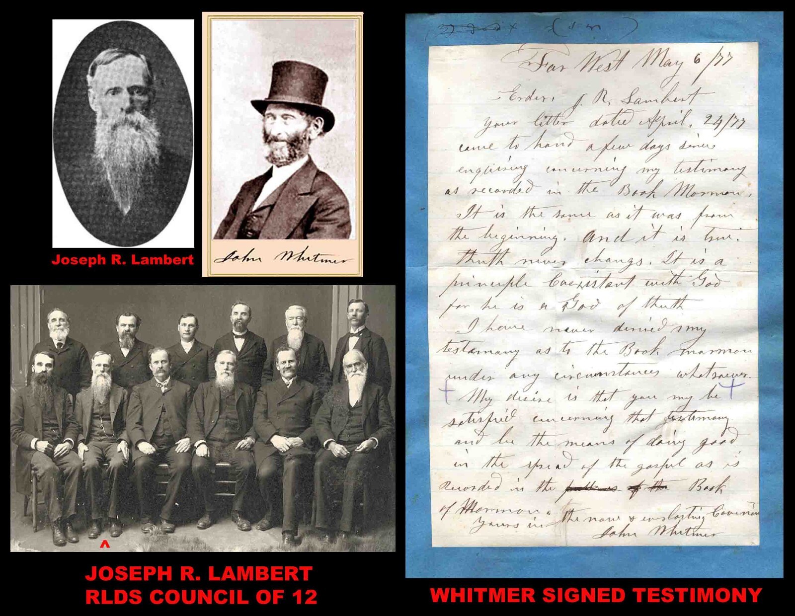 Orig JOHN WHITMER 6 MAY 1877 BOOK OF MORMON TESTIMONY / Joseph R ...