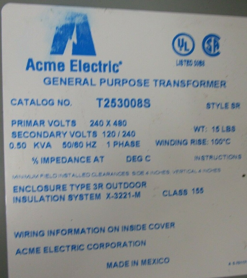 Acme Electric General Purpose Transformer 240 x 480 V T253008S | eBay