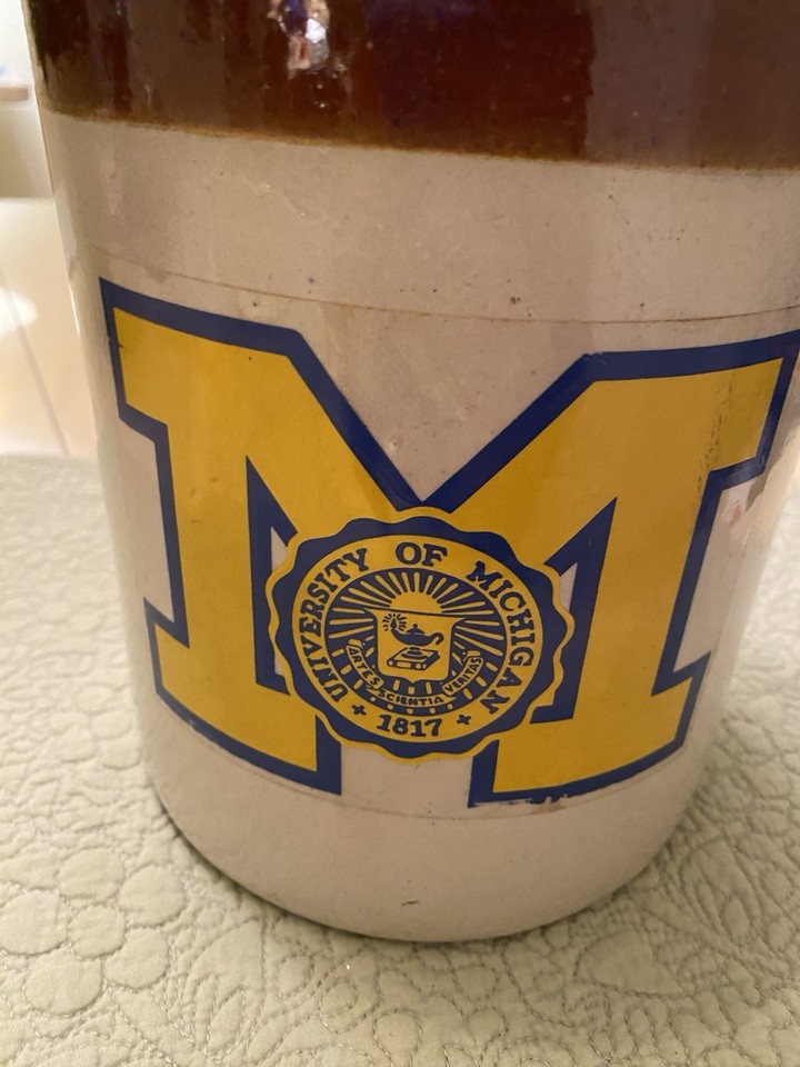1 Gallon 12" Pottery Crock Jug 2 Tone Stoneware "University of Michigan ...
