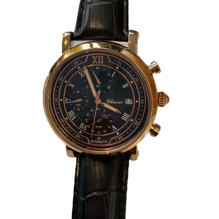 Men’s Watch Chronograph Vintage Style Black Face Leather Rose Gold Tone ...