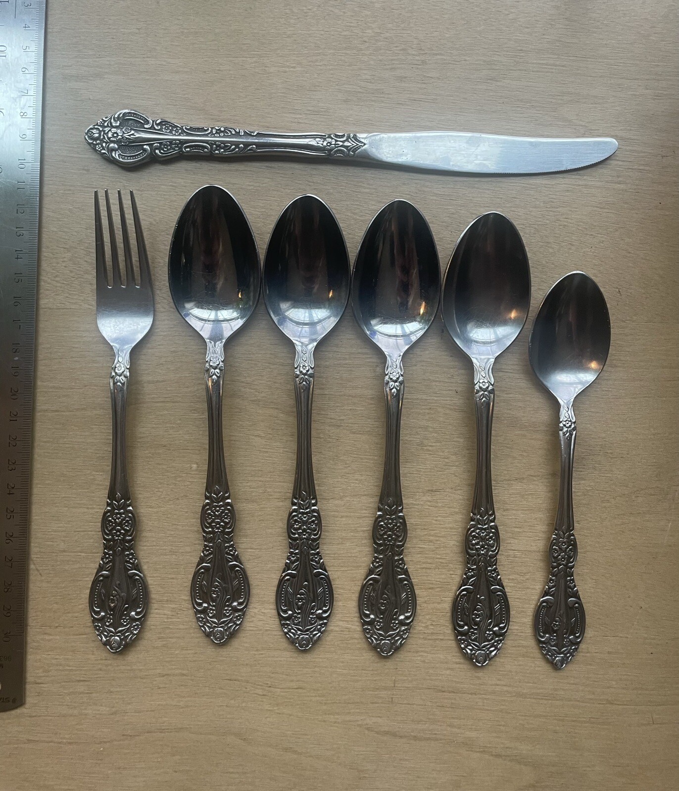 Lot of 7 SPRINGTIME Stainless Japan Flatware Spoon Knife Fork Ornate ...
