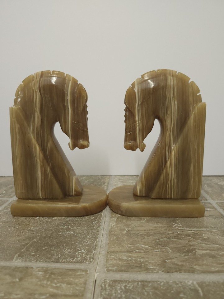 Vintage Onyx Stone Horse Head Bookends Pair Chess Knight 8" Heavy ...