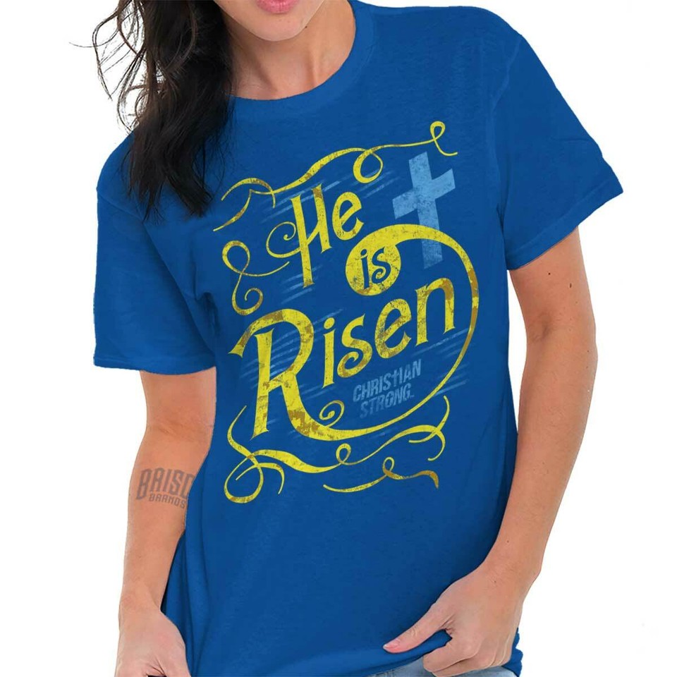 Christian Strong Faith He Is Risen Cross Womens Graphic Crewneck T ...
