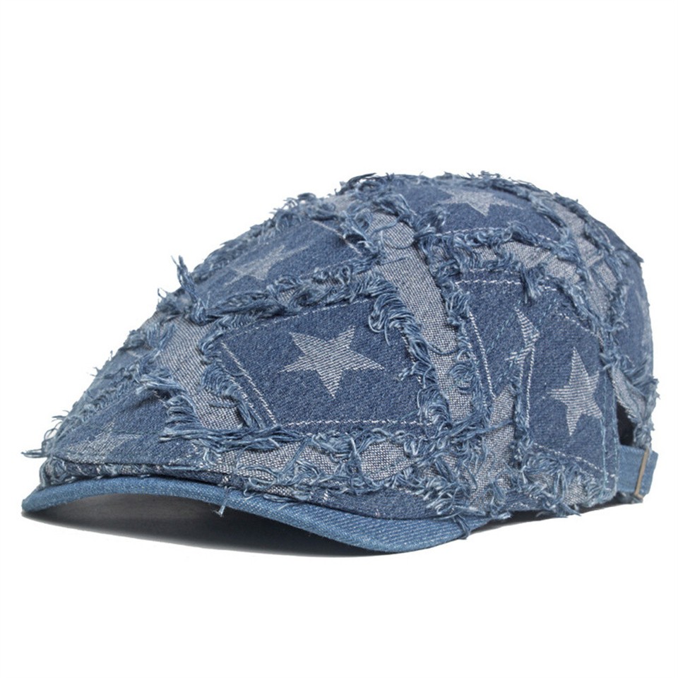 Men's Fashion Distress Denim Flat Cap Stars Pattern Gatsby Peaked Hat ...