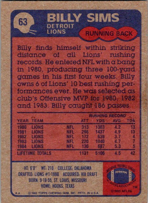 1985 Topps #63 Billy Sims football card 6u | eBay