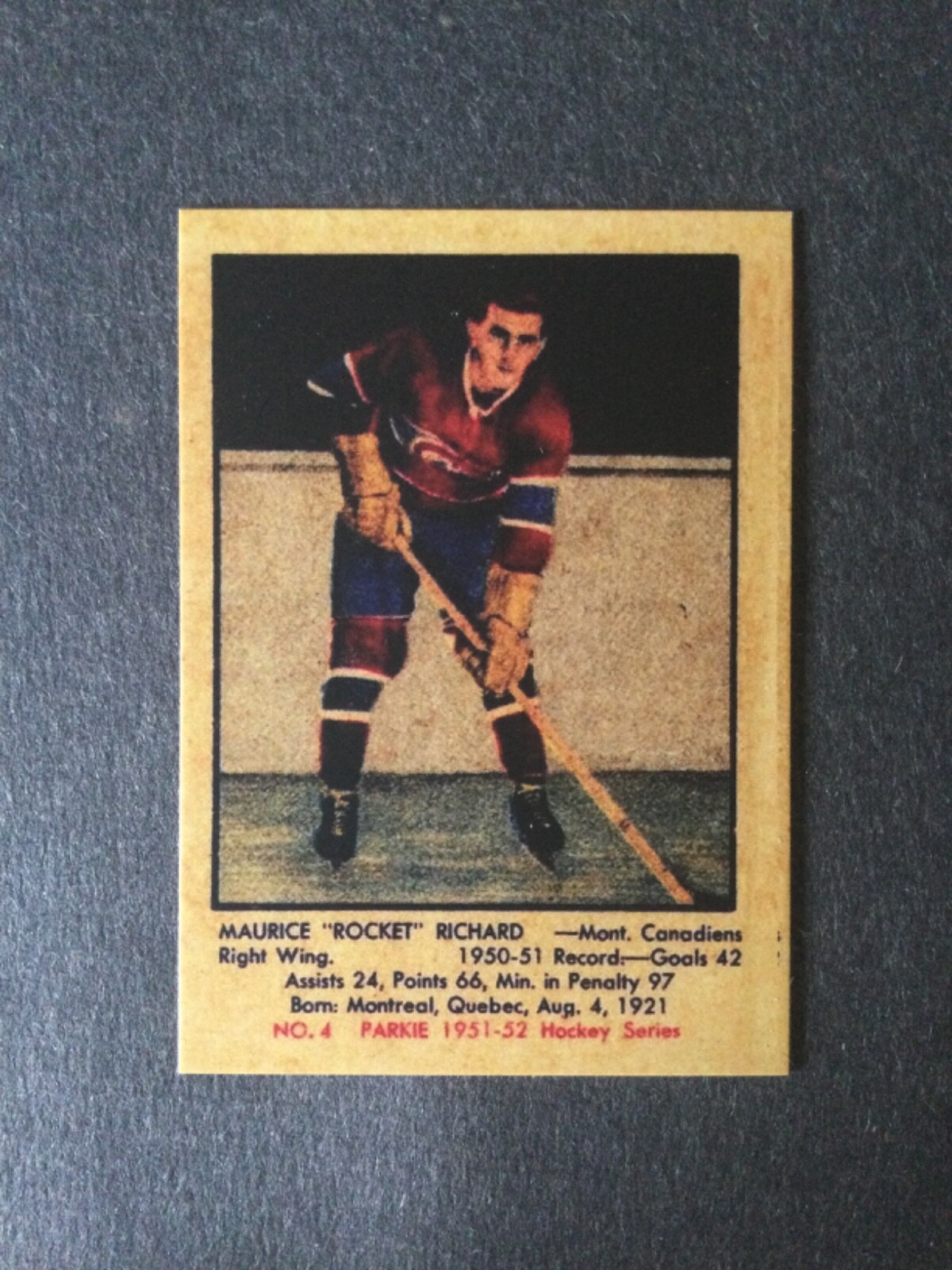 MAURICE RICHARD '51-52 PARKIE #4 REPRINT ROOKIE 1''3/4 X 2''1/2 CARD | eBay