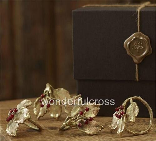 NEW Pottery Barn Brass Mistletoe Glass Bead Napkin Ring Set of 4 to 16 ...
