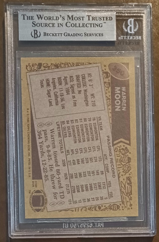 1986 Topps Football #350 Warren Moon card BGS 9 Mint! Houston Oilers ...
