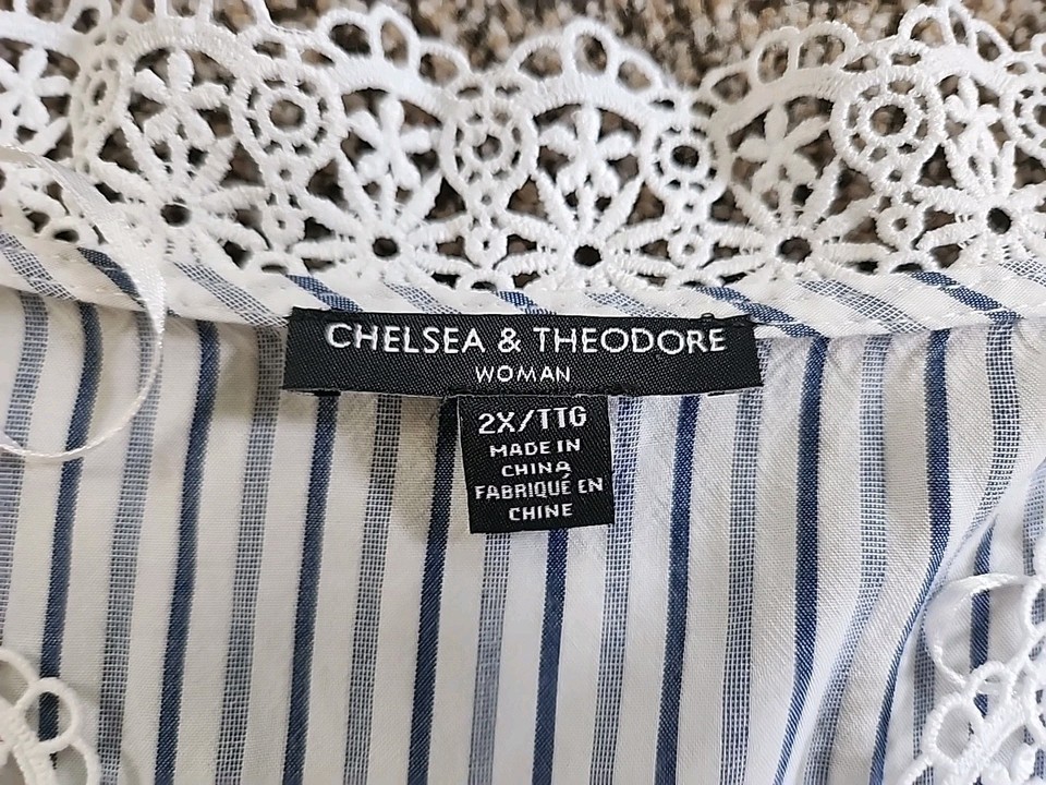 Chelsea & Theodore White Blue Striped Blouse Size womens 2X Lace ...