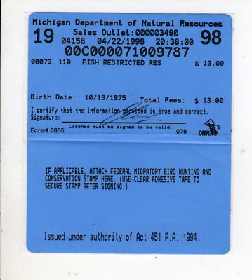 1998 MICHIGAN RESIDENT FISHING LICENSE BACKTAG RESTRICTED - MICHIGAN ...