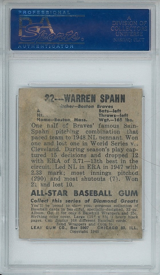 1948 Leaf #32 WARREN SPAHN Rookie PSA 2 Good HOF RC Boston Braves | eBay
