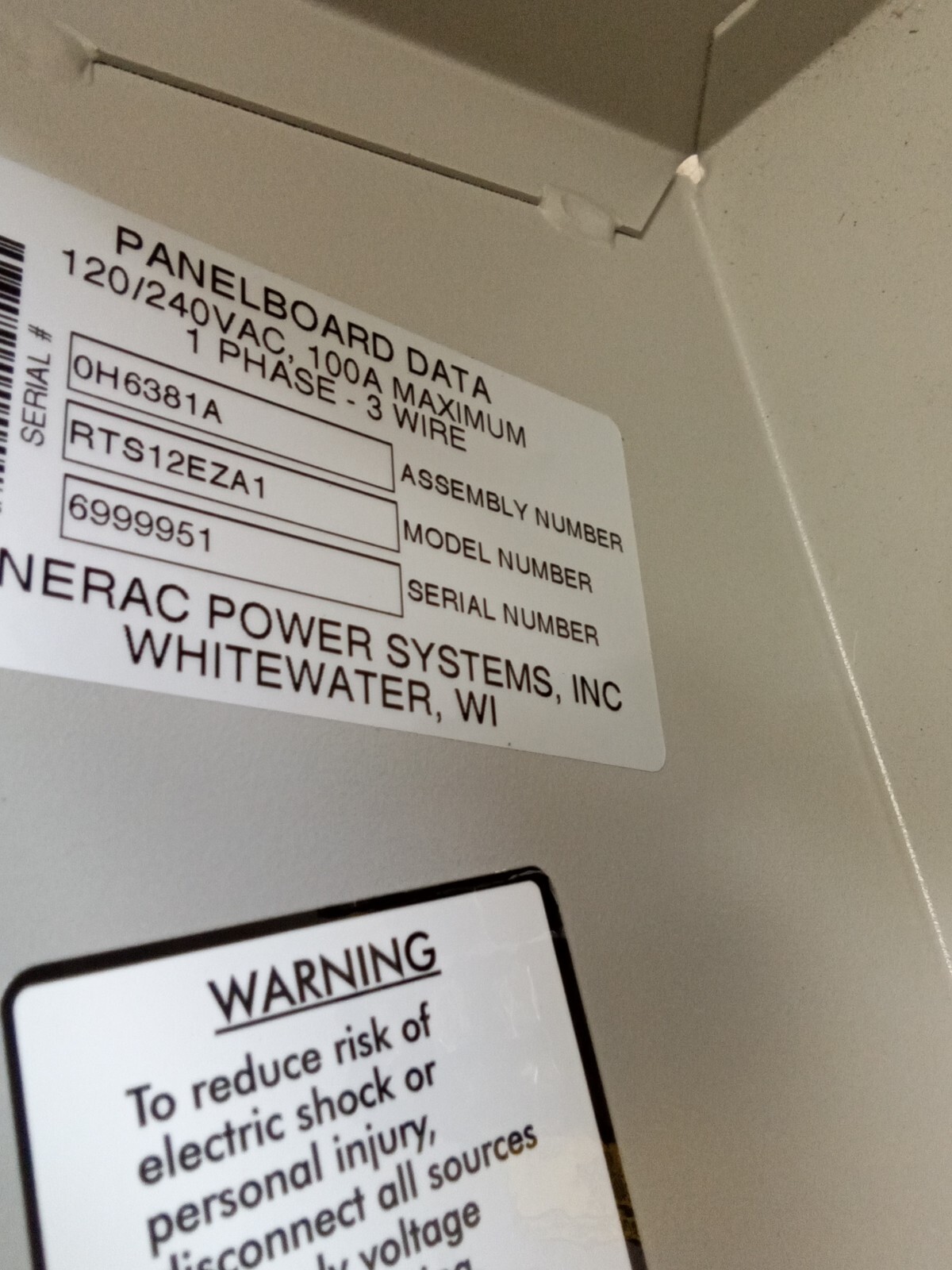 Generac automatic EZ transfer switch 100A , 240VA, 0H6381 Rev A, MISS ...