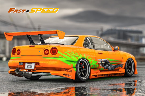 Fast Speed FS 1:64 Scale Skyline GT-R R34 Z-Tune High Wing FNF Amber ...