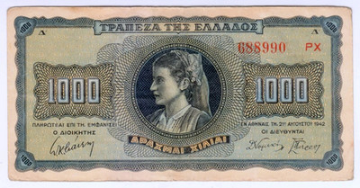 1942 Greece 1000 Draxmai 688990 Paper Money Banknotes Currency | eBay