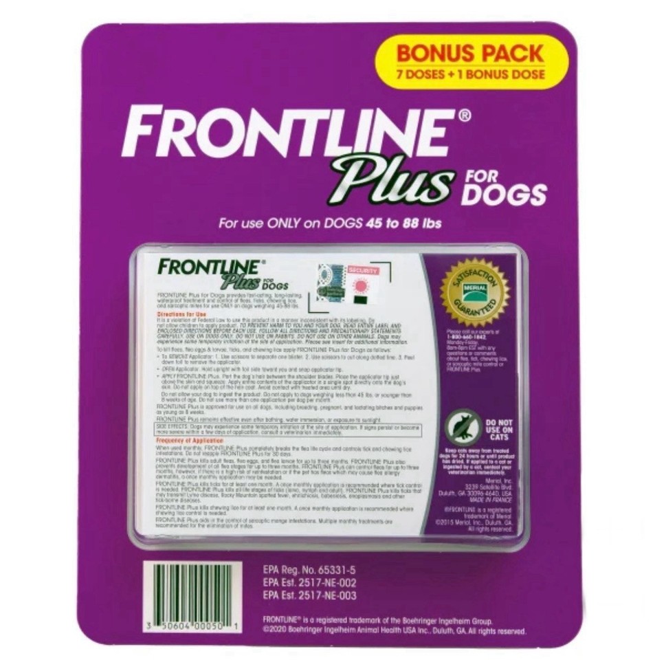 Frontline Plus Flea and Tick Dog Treatment 45-88 lb, 7+1 Doses | eBay