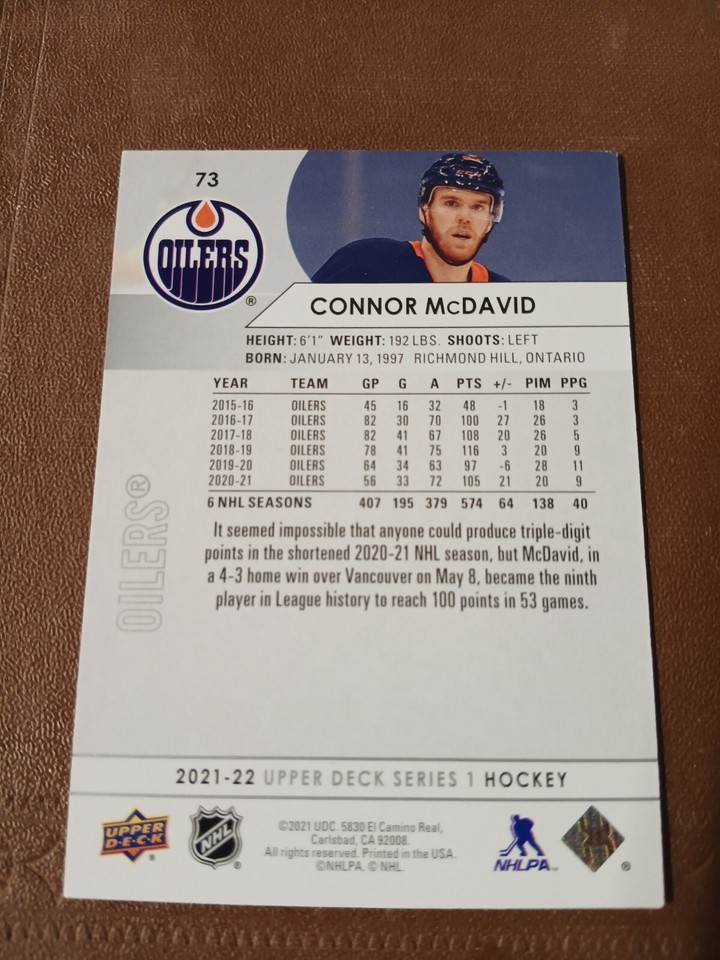 2021-22 CONNOR MCDAVID UPPER DECK NHL HOCKEY CARD #73 EDMONTON OILERS ...