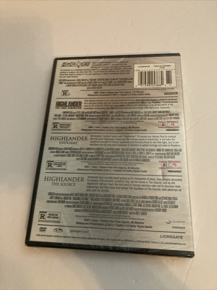 Highlander 4 Film Collection DVD 2015 Final Dimension Endgame The ...