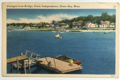 1954 MA Postcard Onset Bay Cottages Bridge Point Independence dock boat ...
