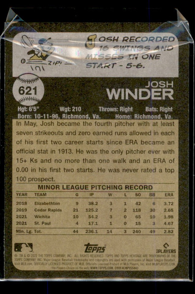 2022 TOPPS HERITAGE HIGH NUMBER JOSH WINDER RC MINNESOTA TWINS #621 | eBay