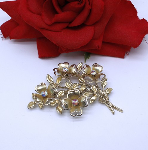 Vintage Coro Gold tone Rhinestone Flower Bouquet Pin Brooch CAT RESCUE ...