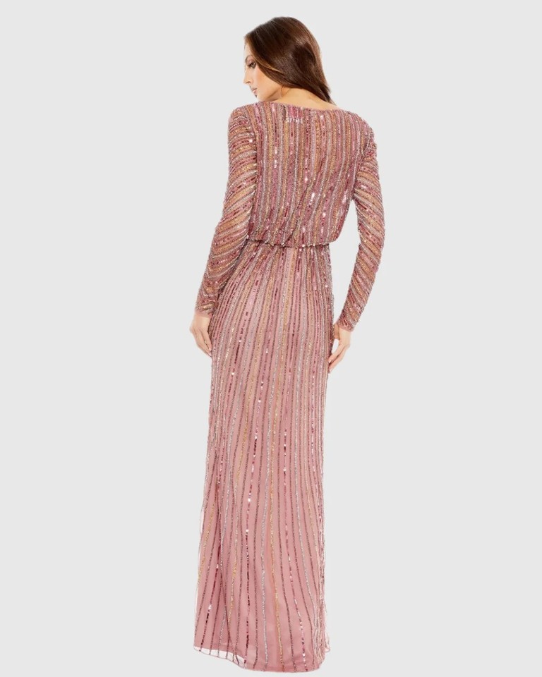 c6 Mac Duggal Sequined V Neck Long Sleeve Column Gown Size 16 Rosewood ...