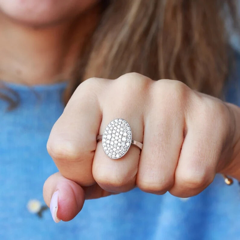 Pave Set Oval Shape Milgrain Ring Round Cut Moissanite Cocktail Ring ...