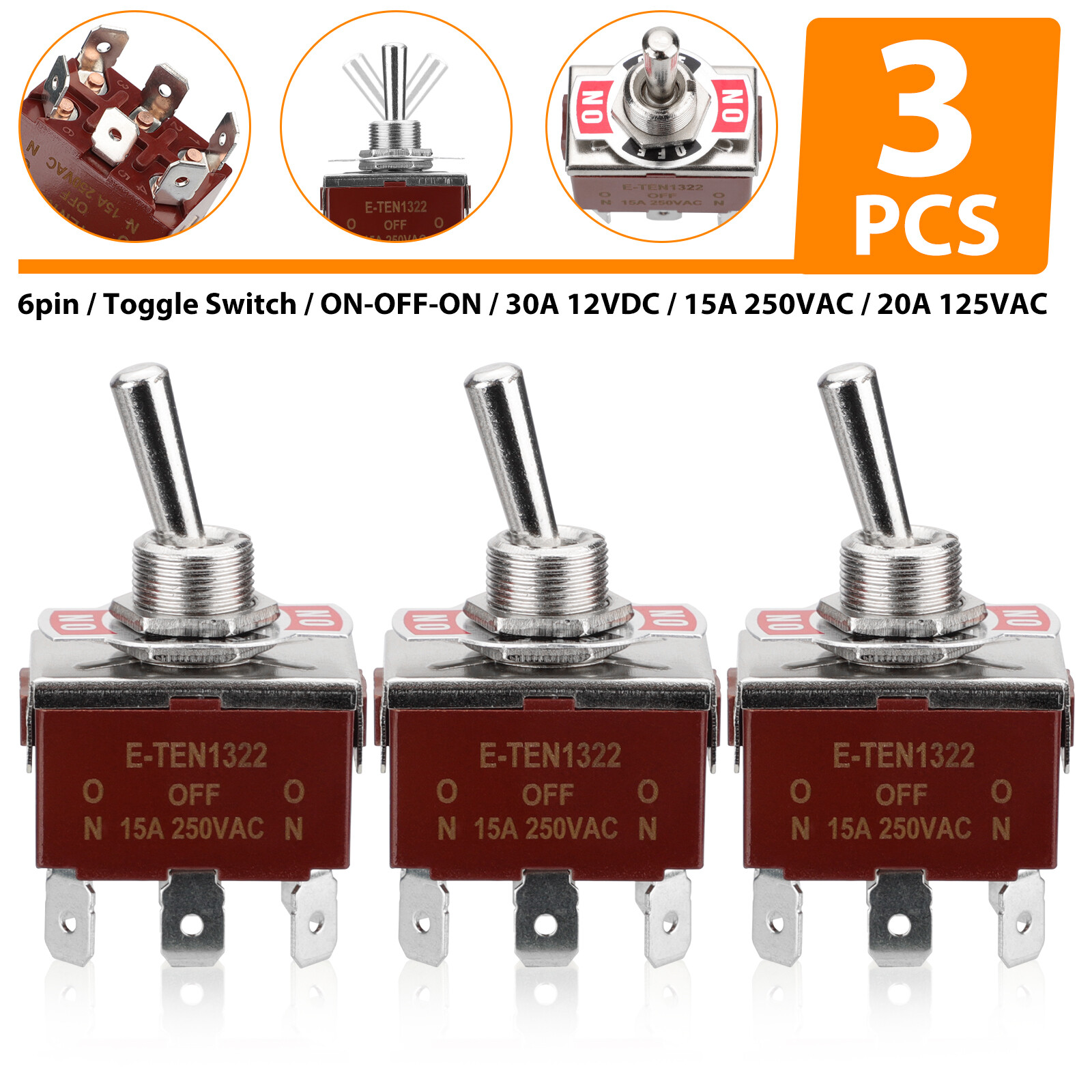 3PCS Marine Boat Automotive Car 12V 30A Toggle Switch DPDT On/Off/On 3 ...