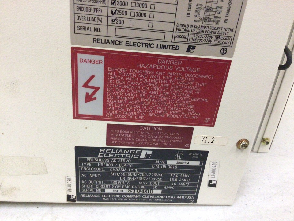 RELIANCE ELECTRIC HR2000 / BLA-16 BRUSHLESS AC SERVO, M/N: 3RA2004, I/M ...