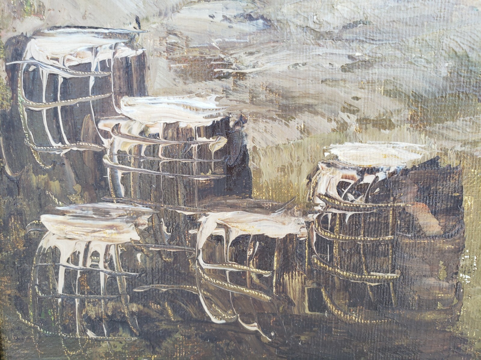 Vintage P Stirrat 36x24" Oil Painting of Fishing Boats Dock Harbor ...