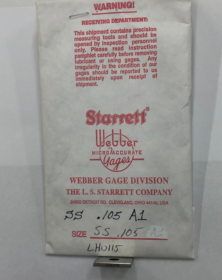 Starrett/Webber SS .105 A1 Square Steel Individual Gage Block, .105 ...