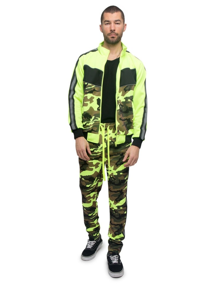 Men's Reflective Neon Camo Track Suits Pant&Jacket 2 Piece Sweatsuit ...