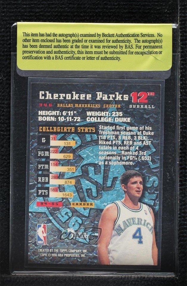 BAS 1995-96 Topps Stadium Club Cherokee Parks #346 Authentic Auto ...