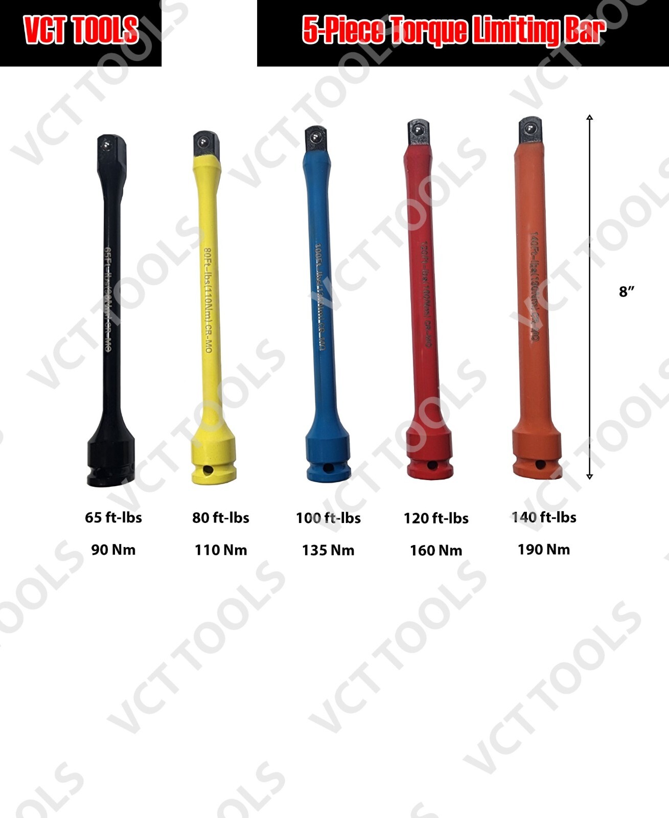 5PC TORQUE EXTENSION BAR TOOL SET 1/2" DR DRIVE TORQ TORK STICK COLOR ...