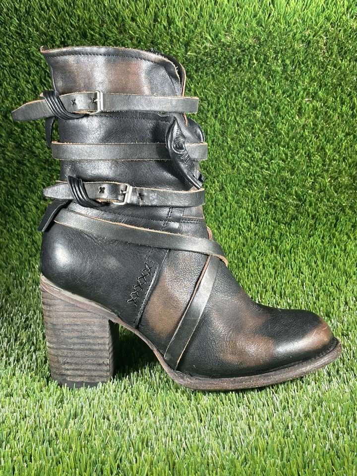 🔥Freebird Baker Boots Black Brown Stacked Heel Leather Strappy | Sz 8 ...