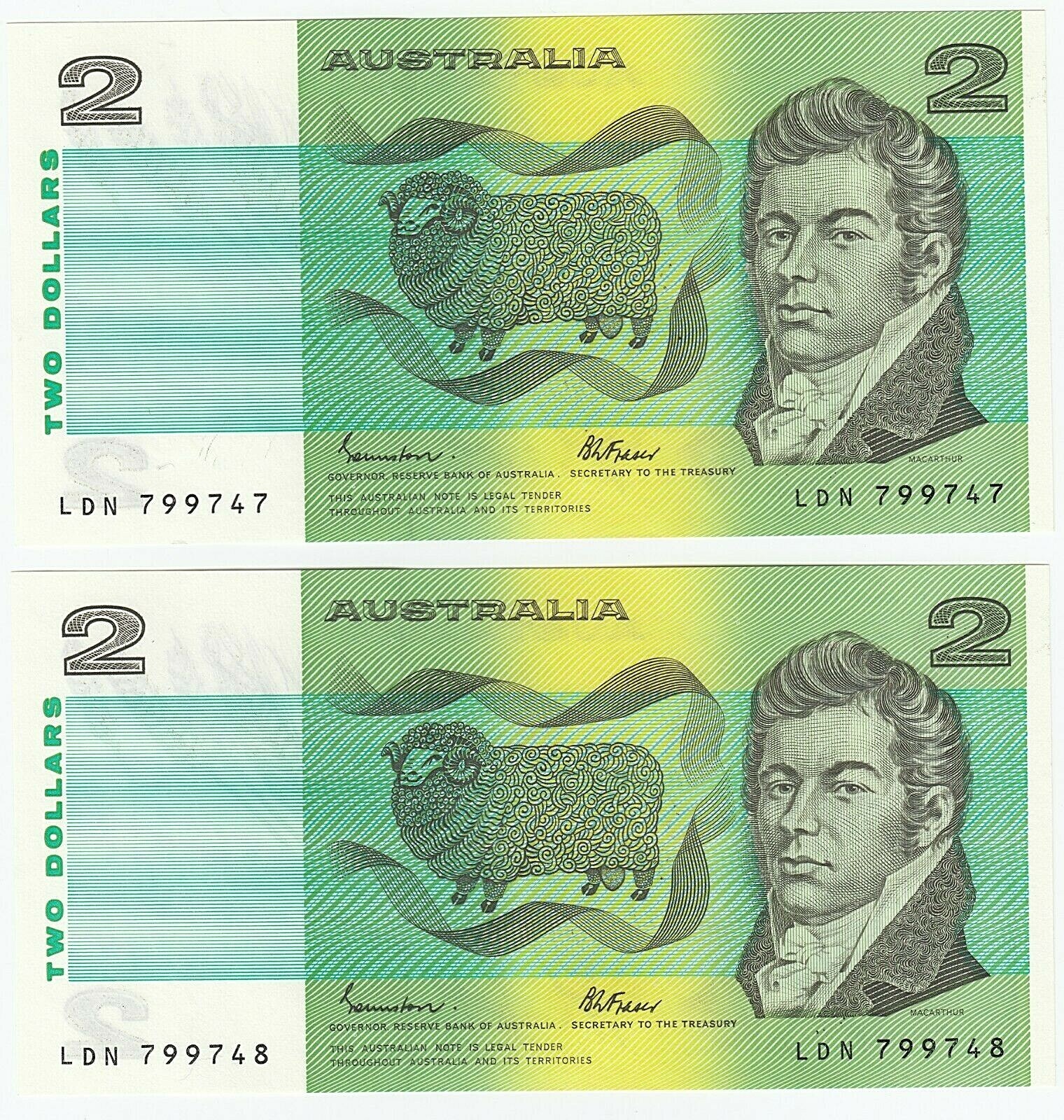 1985 AUSTRALIA Two Dollar $2 Notes x 2 (UNC) CONSECUTIVE Serial Numbers ...