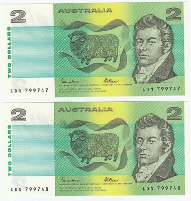 1985 AUSTRALIA Two Dollar $2 Notes x 2 (UNC) CONSECUTIVE Serial Numbers ...