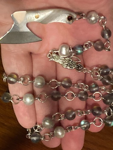 Handmade Mini Axe Rosary with Blue Glass and Pearl Beads | eBay