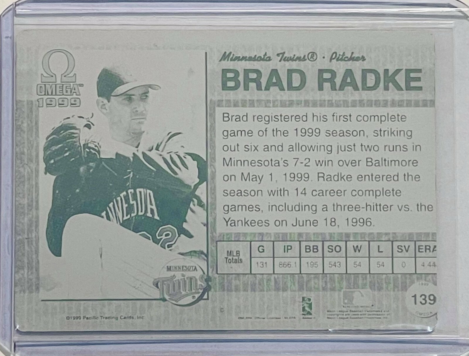 1 OF 1 BRAD RADKE 1999 PACIFIC OMEGA CARD PRINTING PRESS PLATE ...