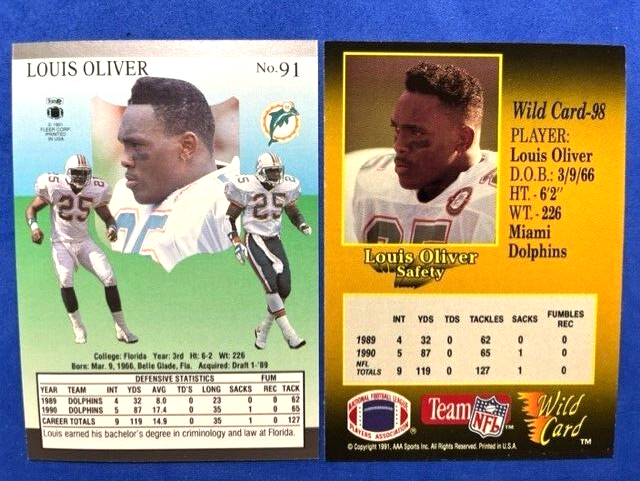 NFL - Louis Oliver 1991 Fleer Ultra & 1991 Wild Card Football ...