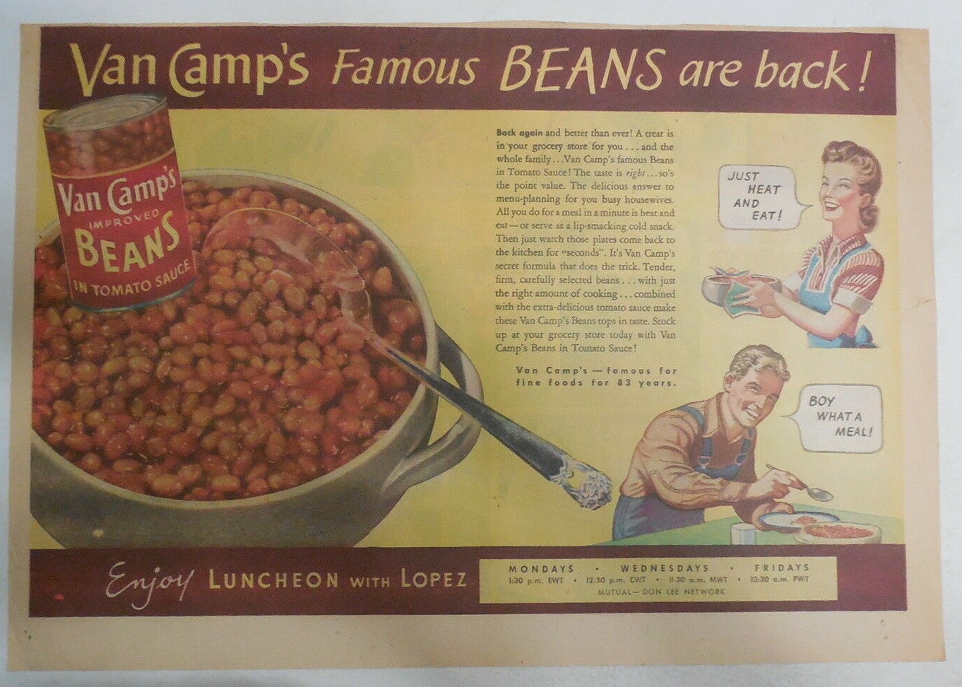 Van Camps Beans Ad: Famous Van Camps Beans Are Back ! 1944 Size: 11 x ...