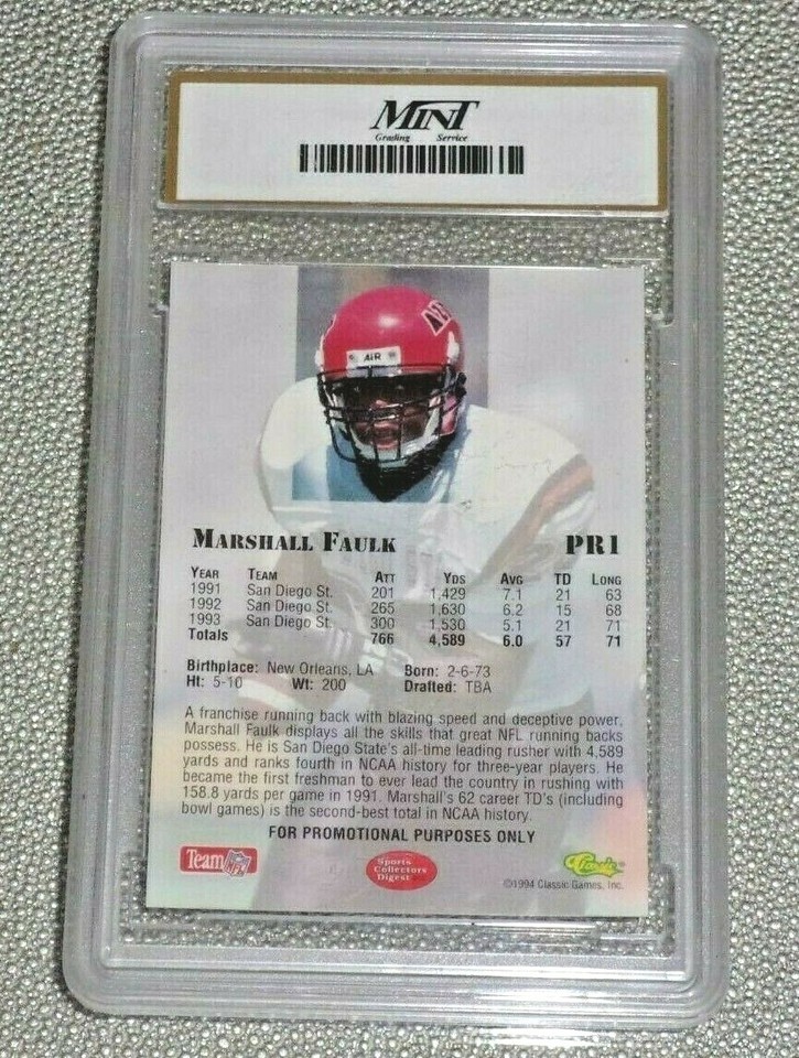 1994 Classic Draft Marshall Faulk #PR1 Promo Card, Gem Mint 10, Draft ...